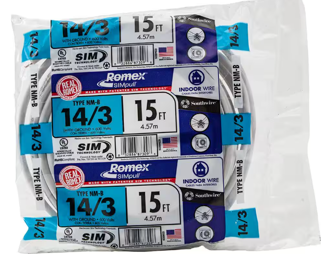 Southwire 15 ft. 14/3 Solid Romex SIMpull CU NM-B W/G Wire – Master ...